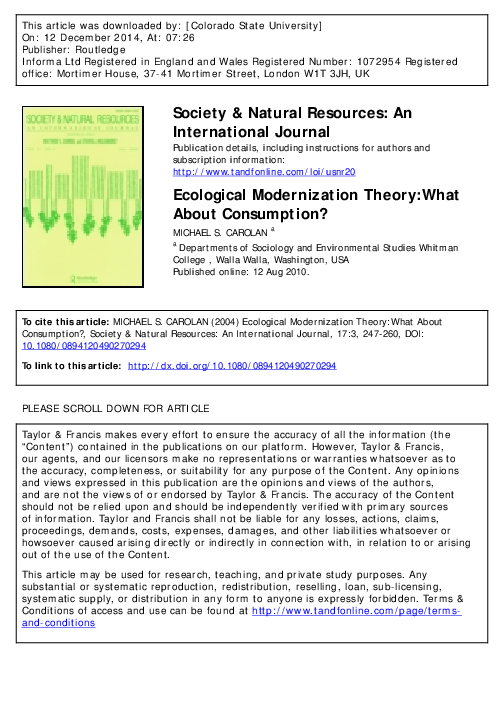 (PDF) Ecological Modernization Theory:What About Consumption?