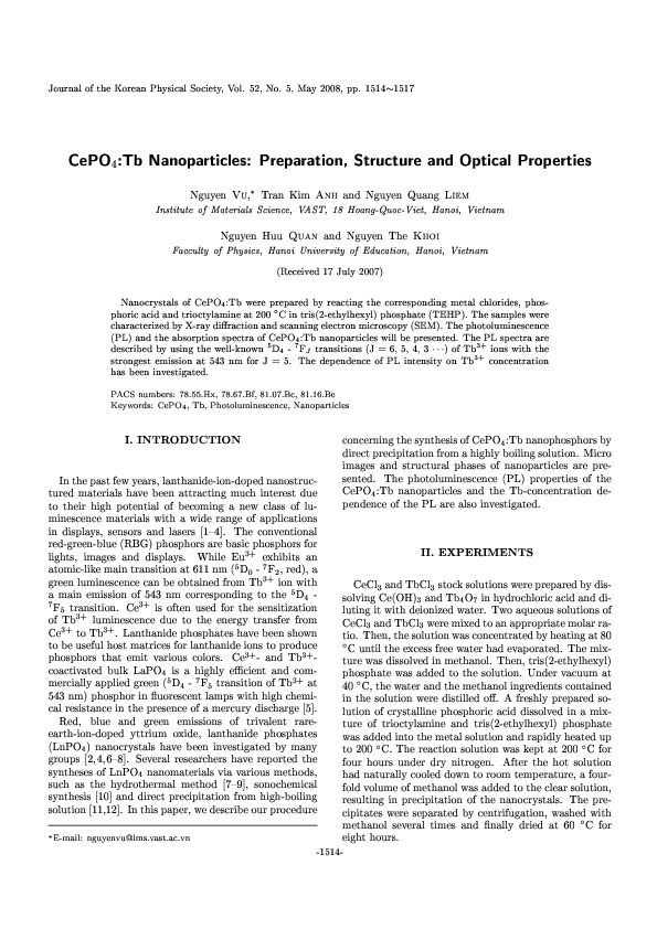 (PDF) CePO4:Tb Nanoparticles: Preparation, Structure and Optical Properties