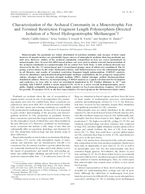 (PDF) Characterization of the Archaeal Community in a Minerotrophic Fen and Terminal Restriction ...