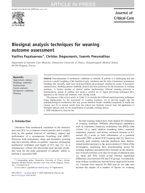 Pdf Biosignal Analysis Techniques For Weaning Outcome Assessment