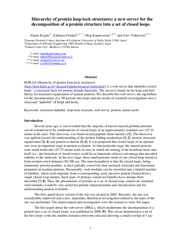 Pdf Hierarchy Of Protein Loop Lock Structures A New Server For The Decomposition Of A Protein