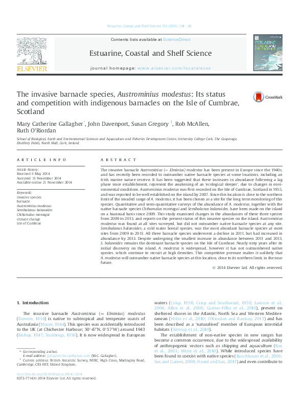 (PDF) The invasive barnacle species, Austrominius modestus: Its status ...