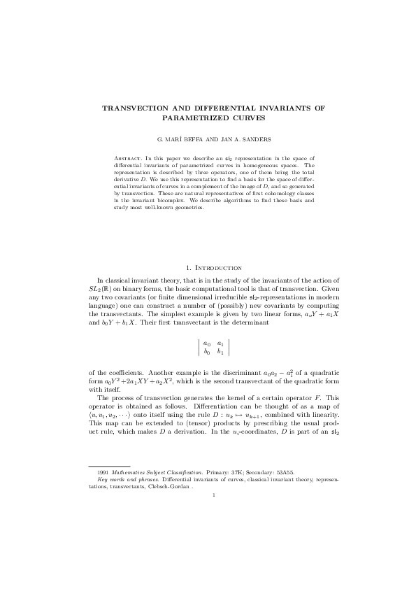 (PDF) Transvection and differential invariants of parametrized curves