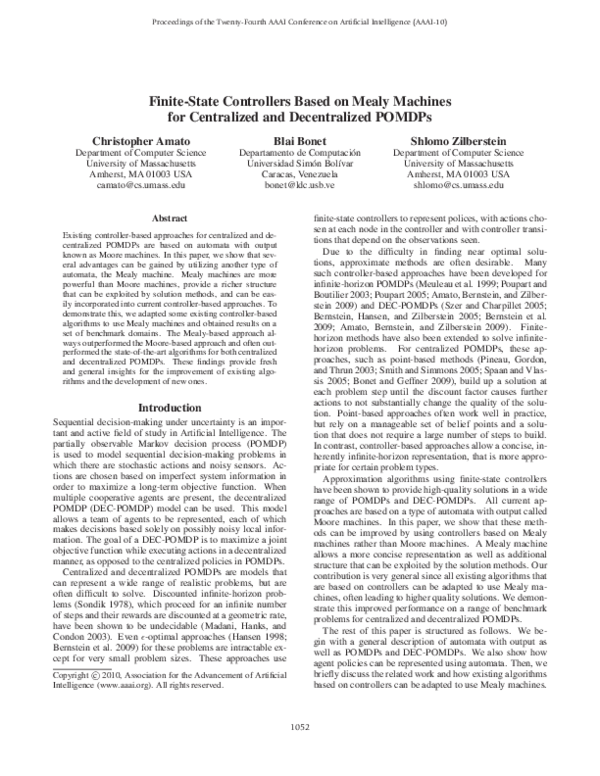 (PDF) Finite-state controllers based on mealy machines for centralized and decentralized POMDPs