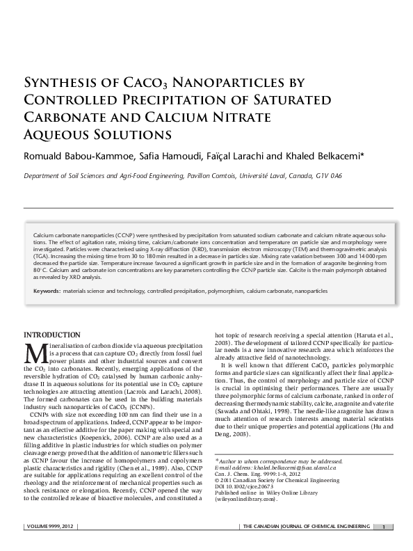 (PDF) Synthesis of CaCO3 nanoparticles by controlled precipitation of ...