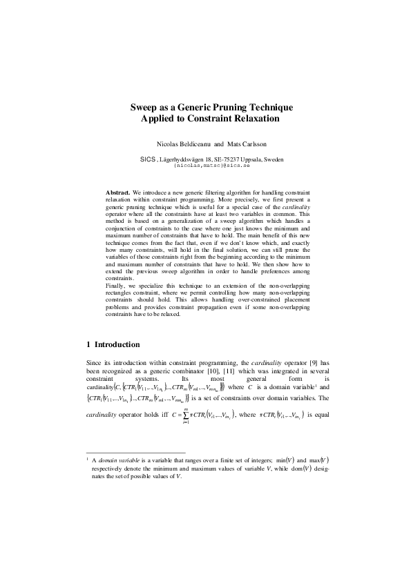 (PDF) Sweep as a Generic Pruning Technique Applied to Constraint Relaxation