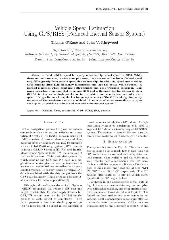 (PDF) Vehicle Speed Estimation Using GPS/RISS (Reduced Inertial Sensor System)