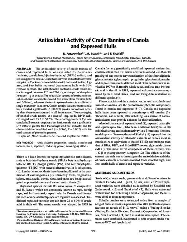 (PDF) Antioxidant activity of crude tannins of canola and rapeseed hulls