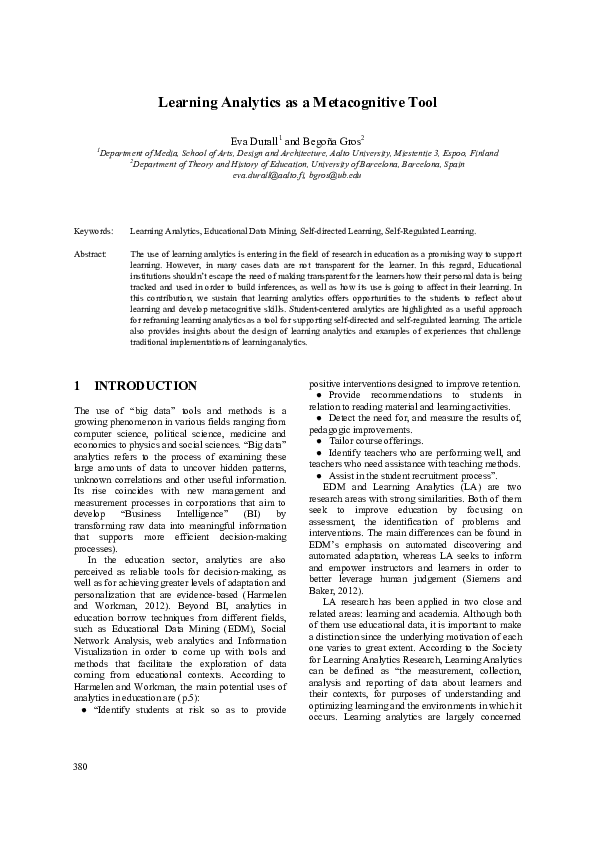 Pdf Learning Analytics As A Metacognitive Tool