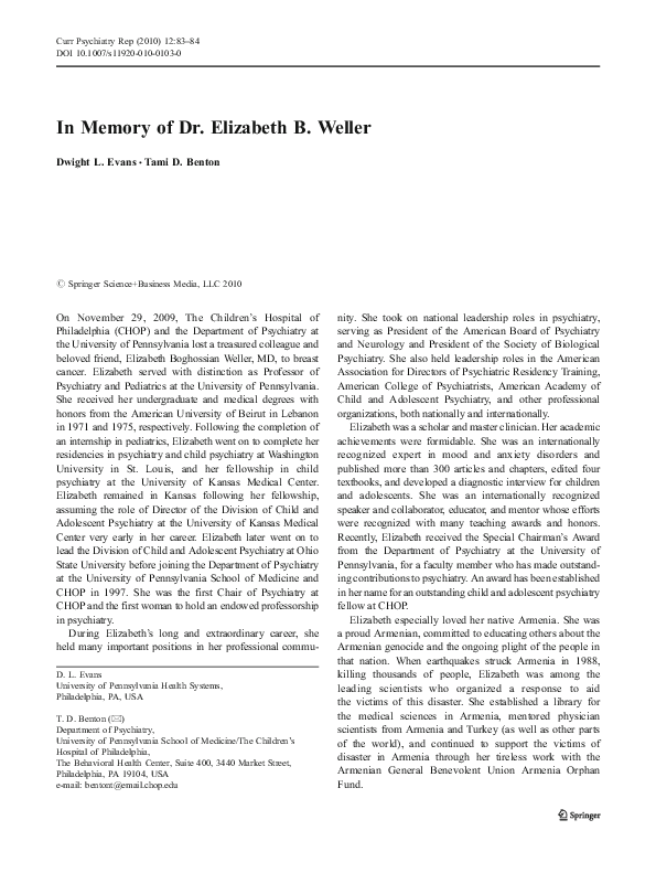 (PDF) In Memory of Dr. Elizabeth B. Weller | Tami Benton - Academia.edu