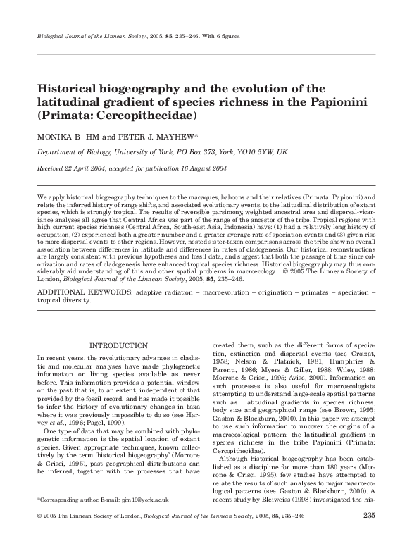 (PDF) Historical biogeography and the evolution of the latitudinal ...
