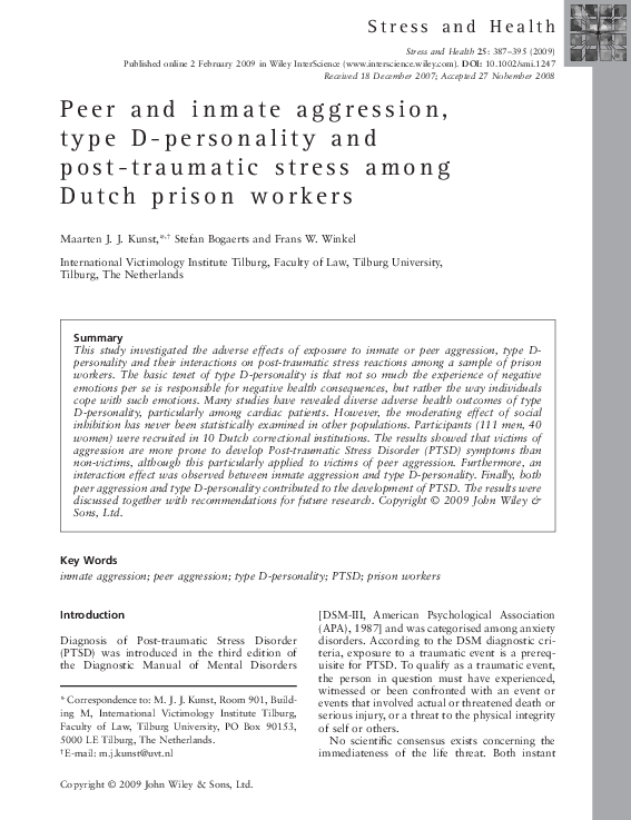 (PDF) Peer and inmate aggression, type D-personality and post-traumatic ...