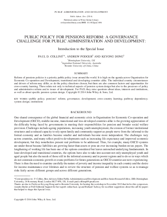 (PDF) PUBLIC POLICY FOR PENSIONS REFORM: A GOVERNANCE CHALLENGE FOR ...