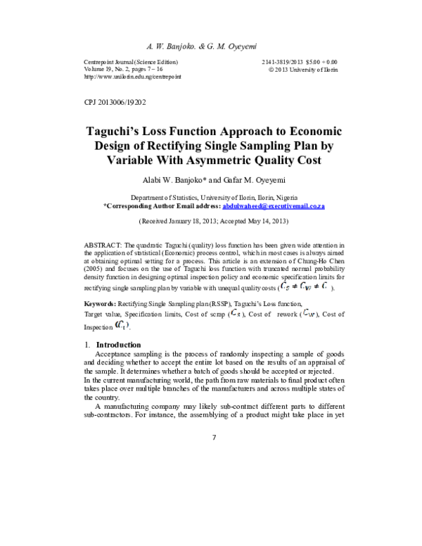 Pdf Taguchis Loss Function Approach To Economic Design Of Rectifying Single Sampling Plan By