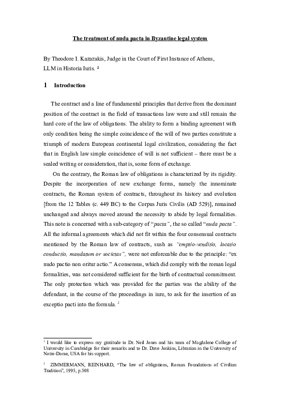 (DOC) The Treatment of Nuda Pacta in Byzantine Legal System