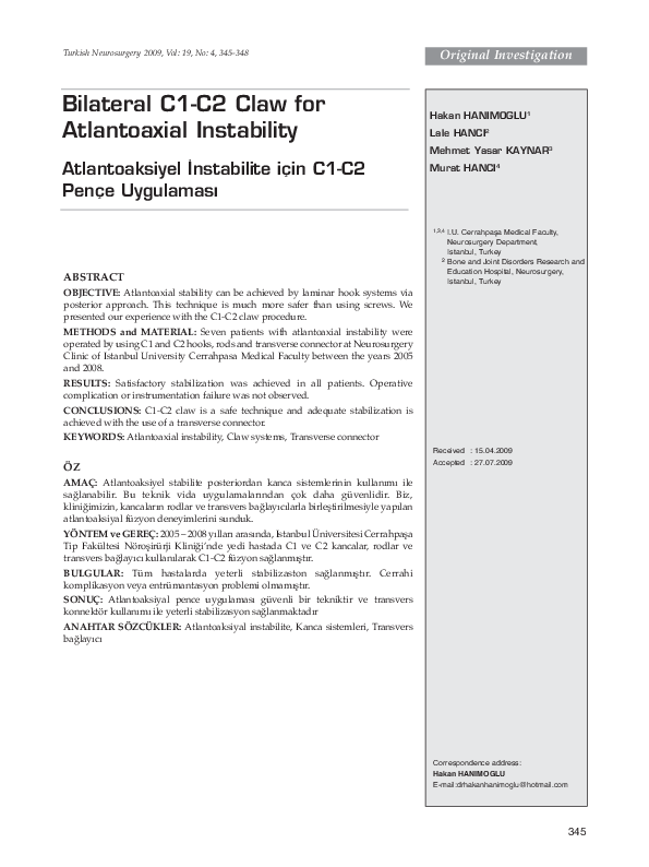 (PDF) Bilateral C1-C2 claw for atlantoaxial instability