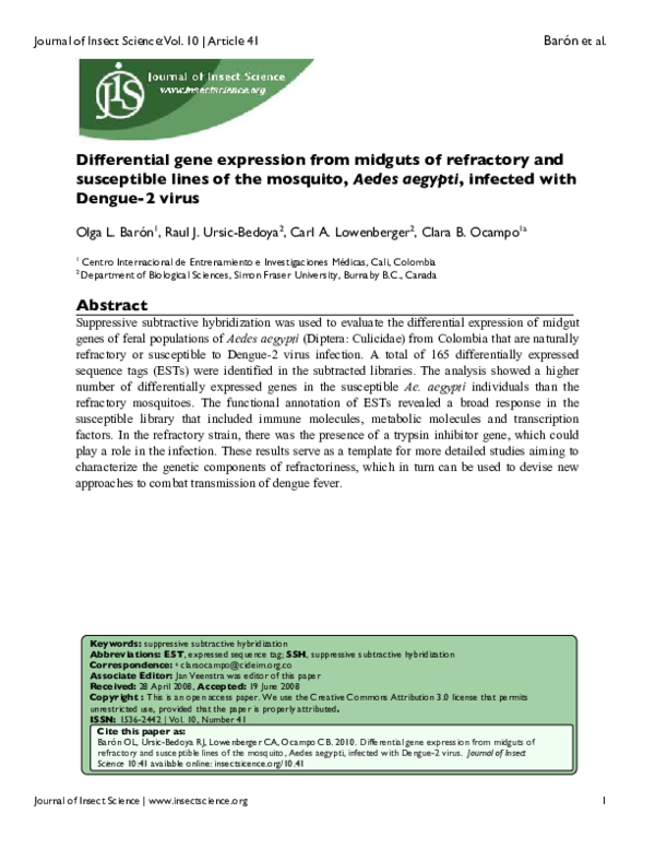 (PDF) Differential Gene Expression from Midguts of Refractory and Susceptible Lines of the ...