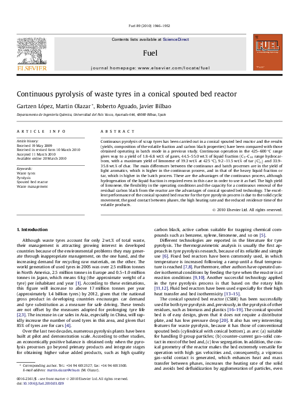 (PDF) Continuous pyrolysis of waste tyres in a conical spouted bed reactor