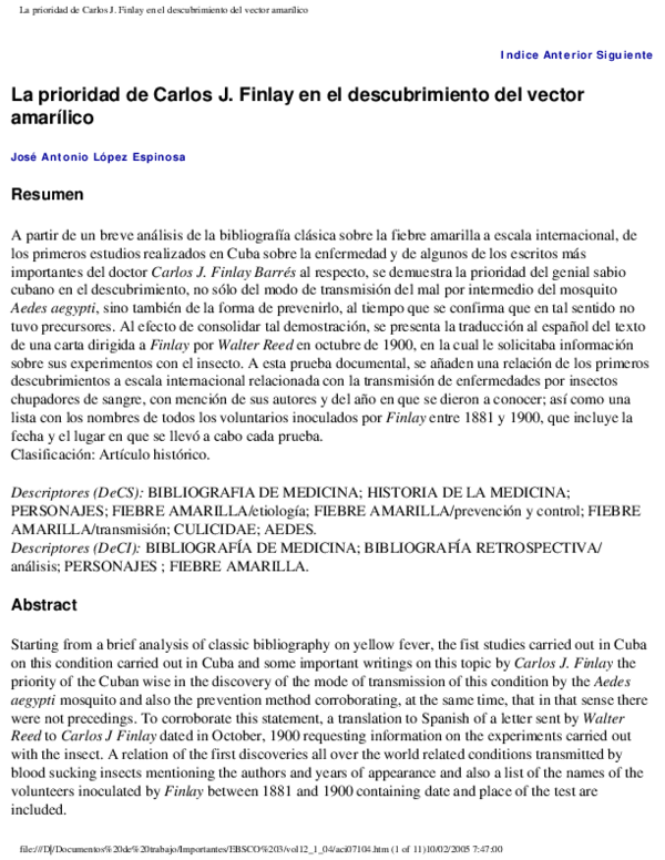 (PDF) La prioridad de Carlos J. Finlay en el descubrimiento del vector ...