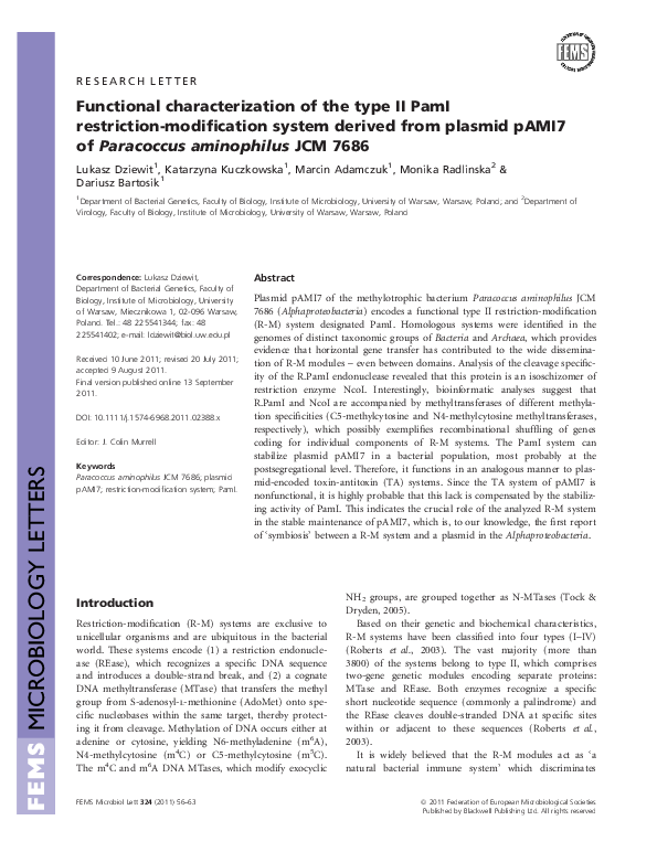(PDF) Functional characterization of the type II PamI restriction ...