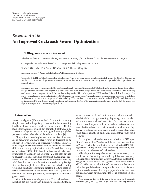 Pdf An Improved Cockroach Swarm Optimization
