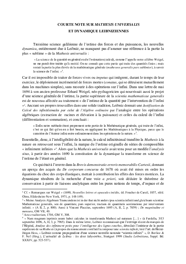 COURTE NOTE SUR MATHESIS UNIVERSALIS ET DYNAMIQUE LEIBNIZIENNES