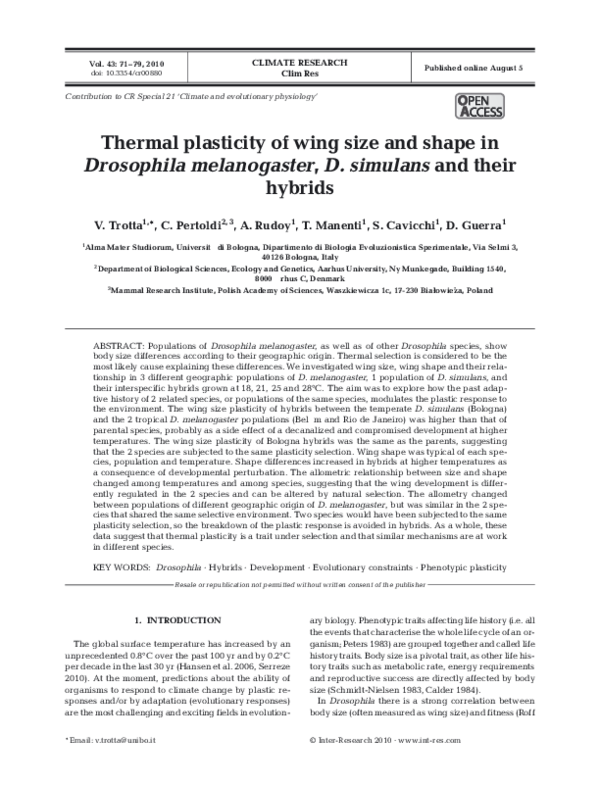 (PDF) Thermal plasticity of wing size and shape in Drosophila ...