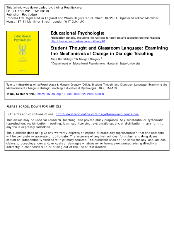 (PDF) Student Thought and Classroom Language: Examining the Mechanisms of Change in Dialogic ...