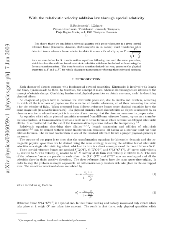 (PDF) With the relativistic velocity addition law through special ...
