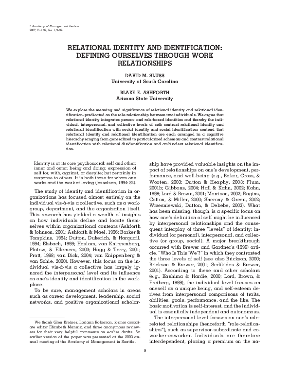 (PDF) RELATIONAL IDENTITY AND IDENTIFICATION: DEFINING OURSELVES ...