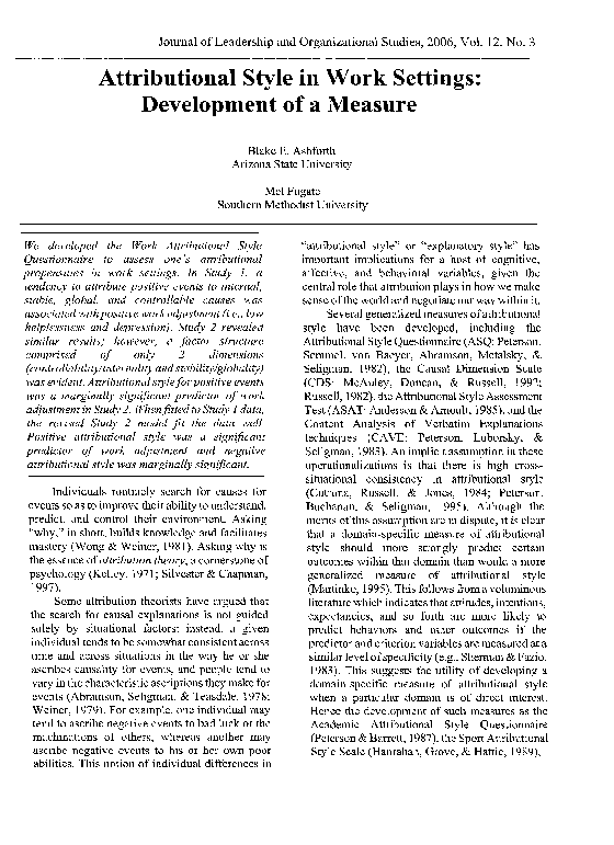 (PDF) Attributional Style in Work Settings: Development of a Measure