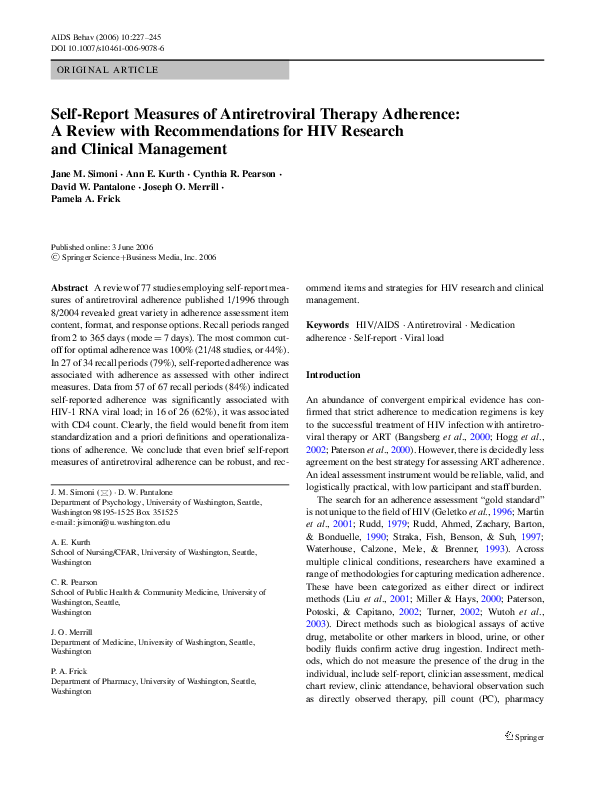 (PDF) Self-Report Measures of Antiretroviral Therapy Adherence: A ...