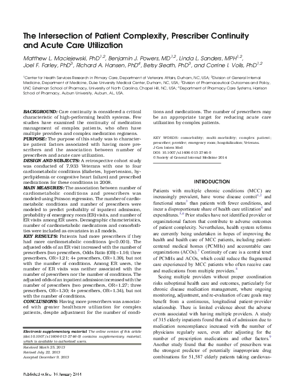 (PDF) The Intersection of Patient Complexity, Prescriber Continuity and ...