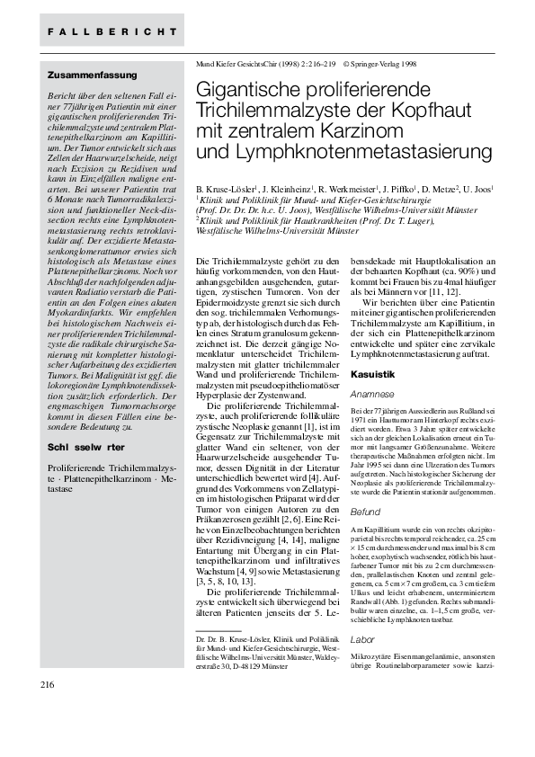 (PDF) Gigantische proliferierende Trichilemmalzyste der Kopfhaut mit ...