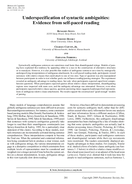 (PDF) Underspecification of syntactic ambiguities: Evidence from self-paced reading