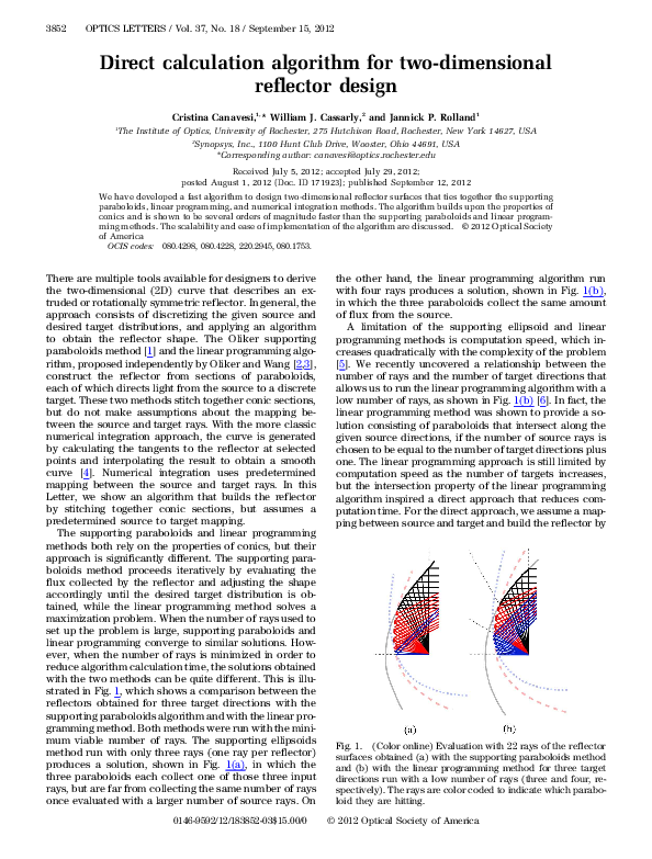(PDF) Direct calculation algorithm for two-dimensional reflector design