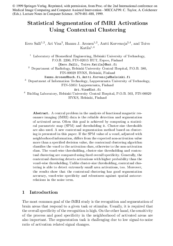 Pdf Statistical Segmentation Of Fmri Activations Using Contextual Clustering
