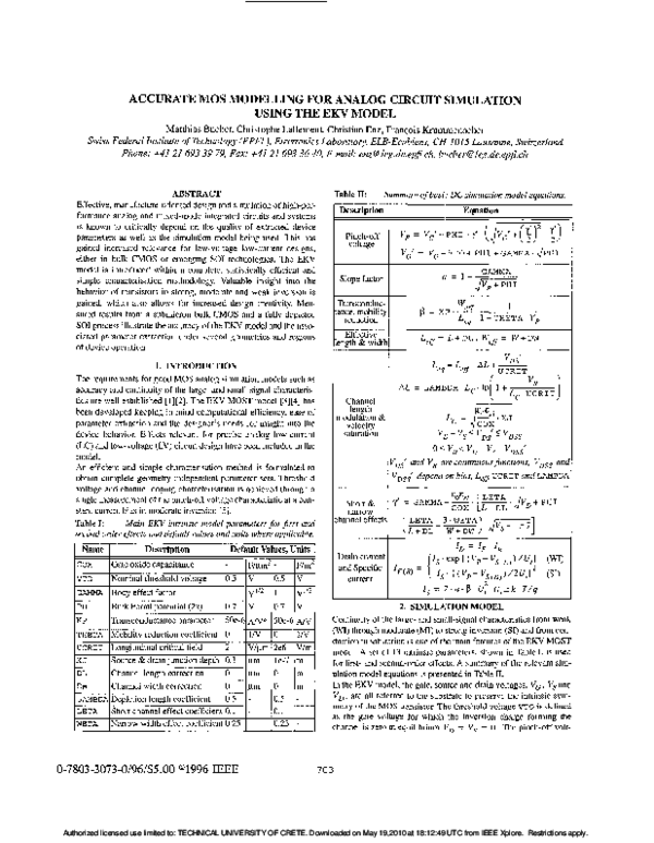 (PDF) Accurate MOS modelling for analog circuit simulation using the EKV model