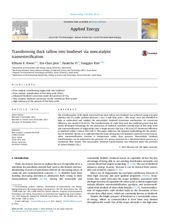 (PDF) Transforming duck tallow into biodiesel via noncatalytic ...
