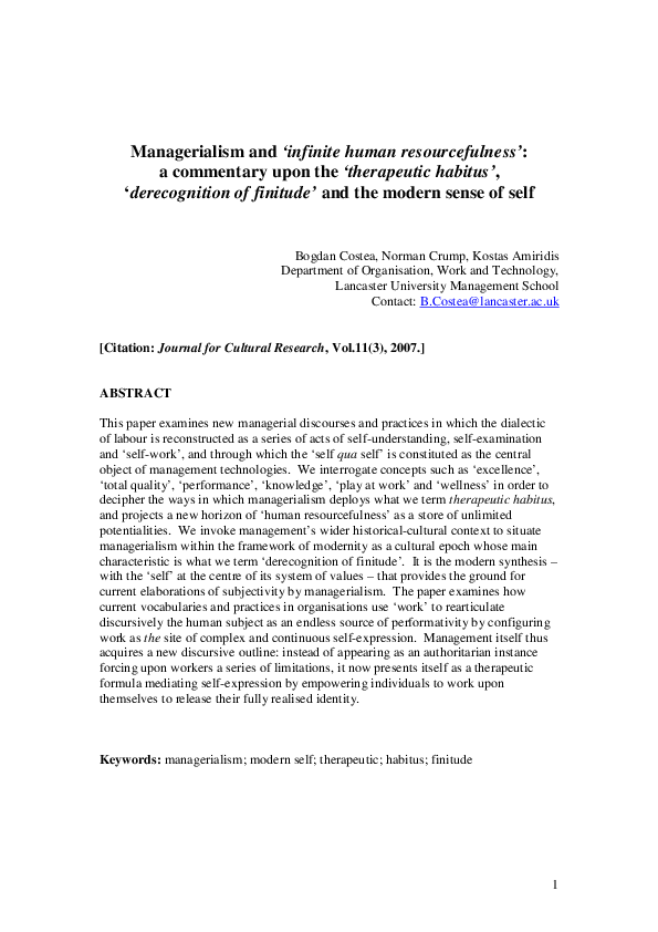 (PDF) Managerialism and “ Infinite Human Resourcefulness ”: a Commentary on the “ Therapeutic ...