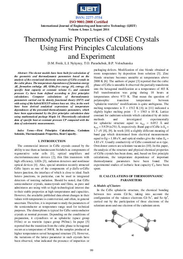 (PDF) Thermodynamic Properties of CDSE Crystals Using First Principles ...