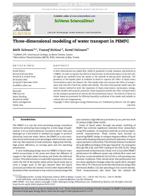 (PDF) Three-dimensional modeling of water transport in PEMFC