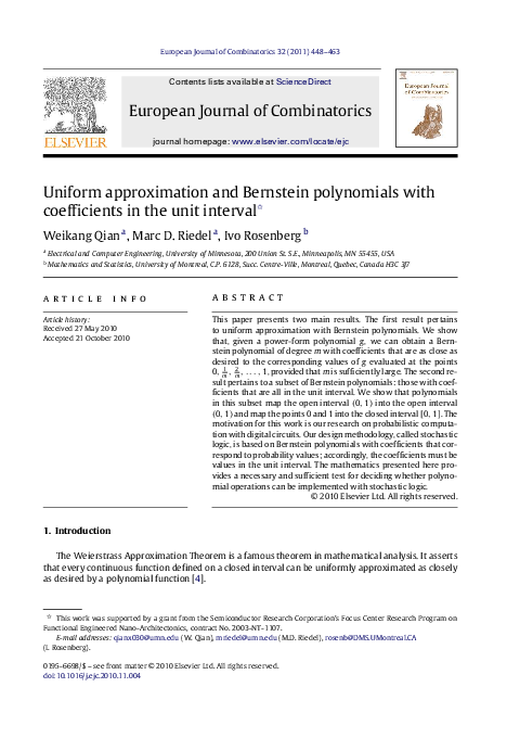 (PDF) Uniform approximation and Bernstein polynomials with coefficients in the unit interval