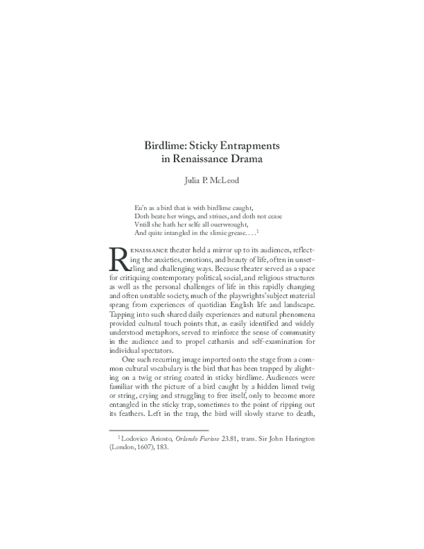 (PDF) "Birdlime: Sticky Entrapments in Renaissance Literature"