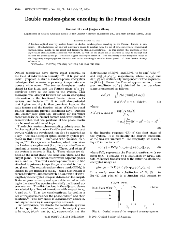 Pdf Double Random Phase Encoding In The Fresnel Domain Guohai Situ