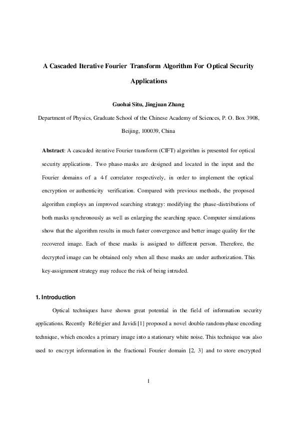 Pdf A Cascaded Iterative Fourier Transform Algorithm For Optical Security Applications