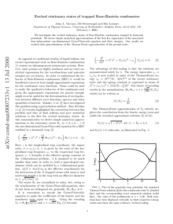 Pdf Excited Stationary States Of Trapped Bose Einstein Condensates