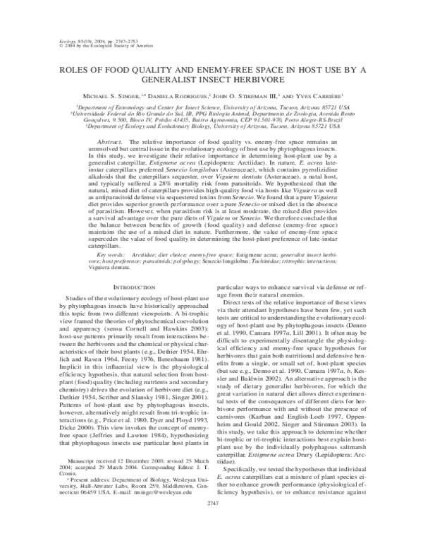 (PDF) ROLES OF FOOD QUALITY AND ENEMY-FREE SPACE IN HOST USE BY A ...