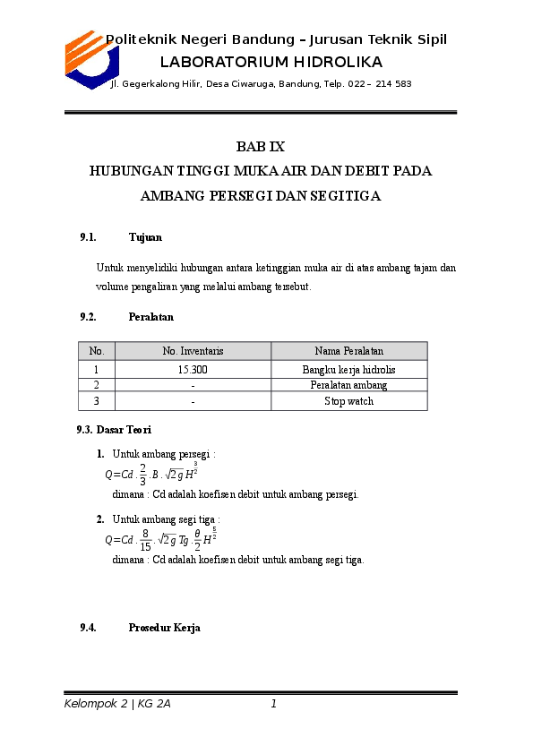(DOC) HUBUNGAN TINGGI MUKA AIR DAN DEBIT PADA AMBANG PERSEGI DAN SEGITIGA