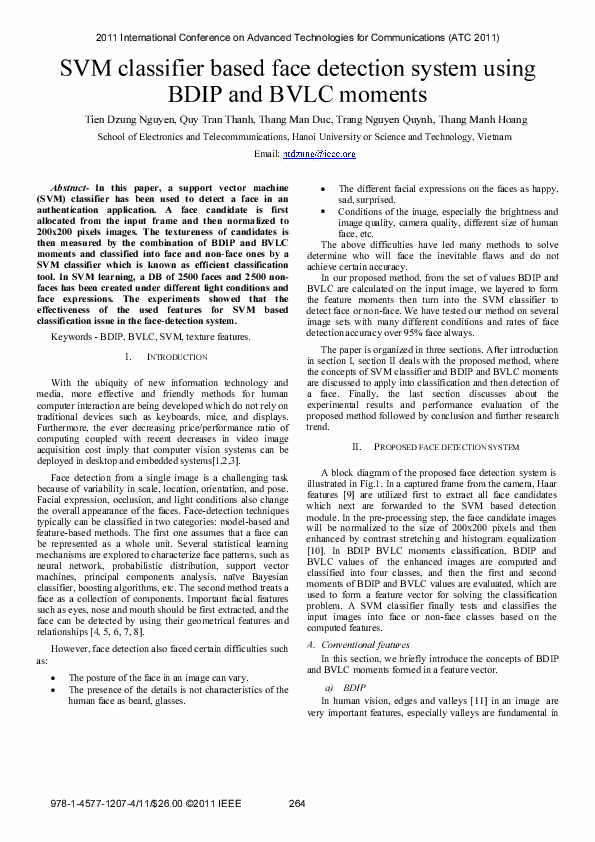 Pdf Svm Classifier Based Face Detection System Using Bdip And Bvlc